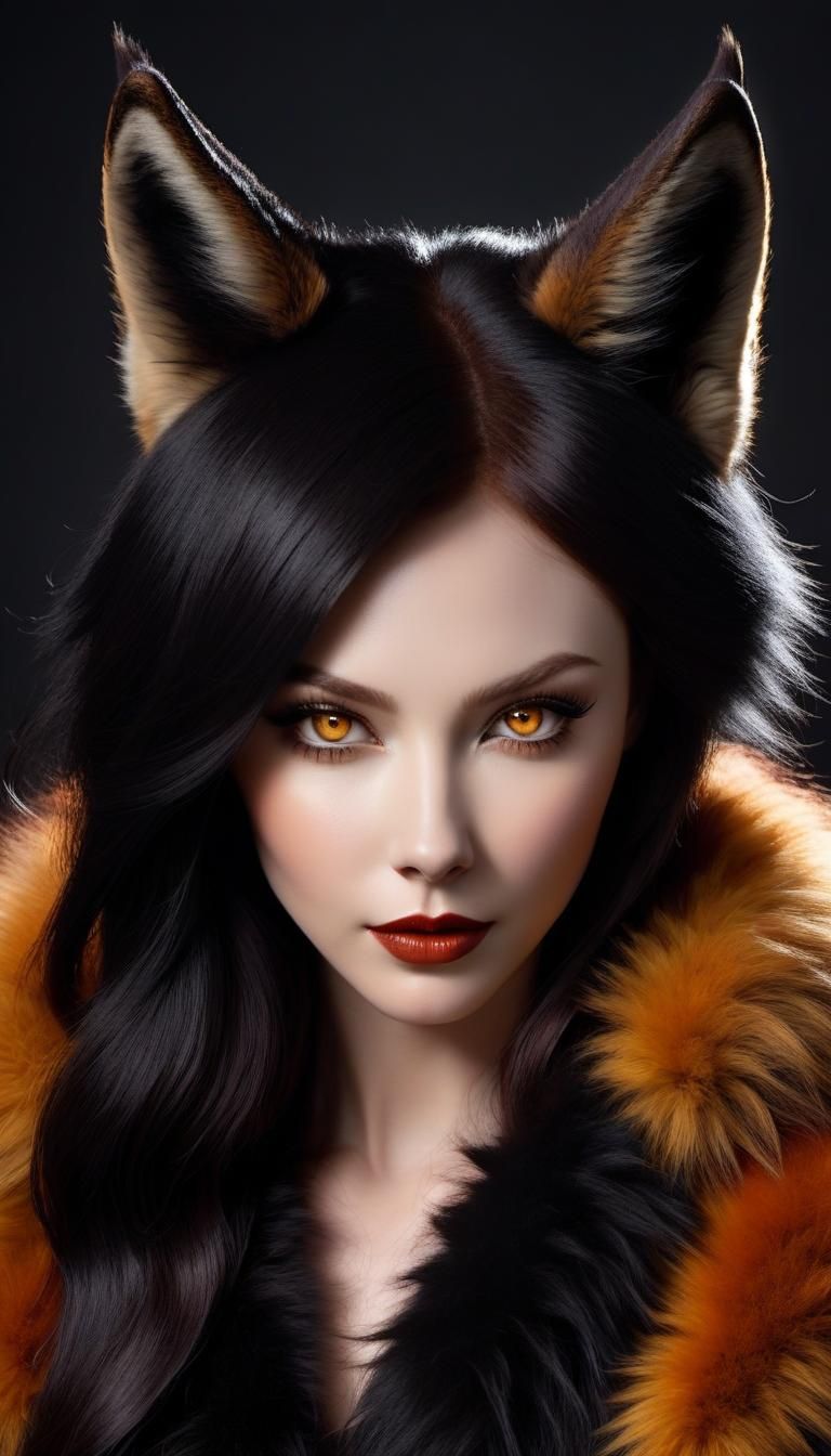 A beautiful portrait of a werewolf, half wolf and half woman, long ...