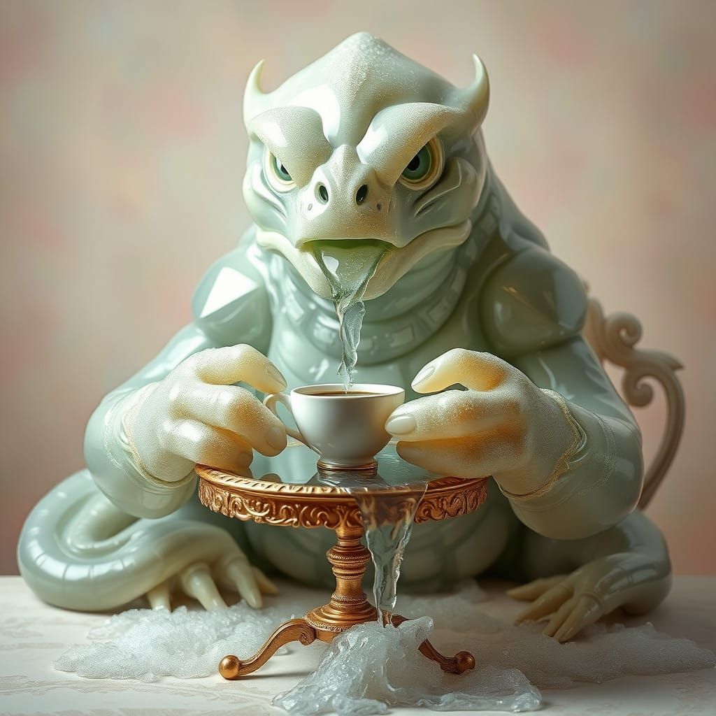 Surreal Soap Creature Enjoys Coffee in a Dreamy At... - AI Art