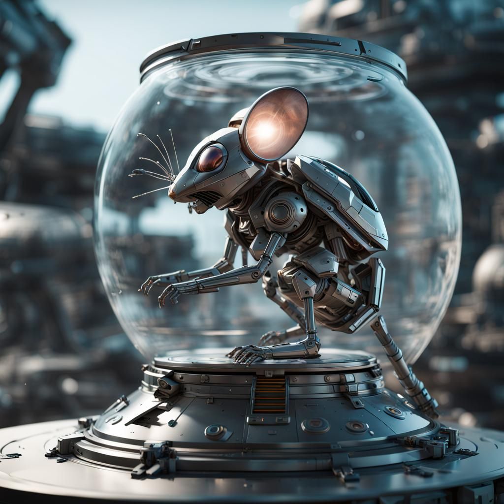 alien mouse, on an inverted glass jar, on top of a mech body, intricate ...