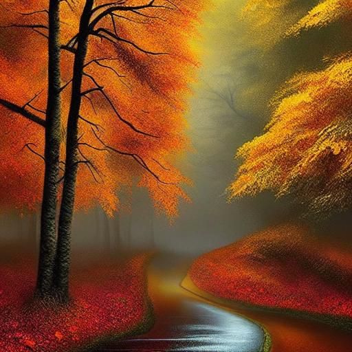 heavy, harsh falling rain: colorful autumn forest landscape ...