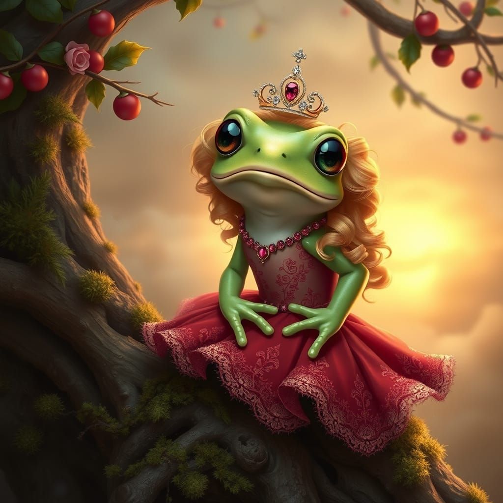 Ethereal Frog Goddess in Crimson Evening Gown with... - AI Art