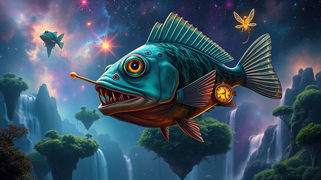Bioluminescent Anglerfish in Nebula with Clockwork... - AI Art