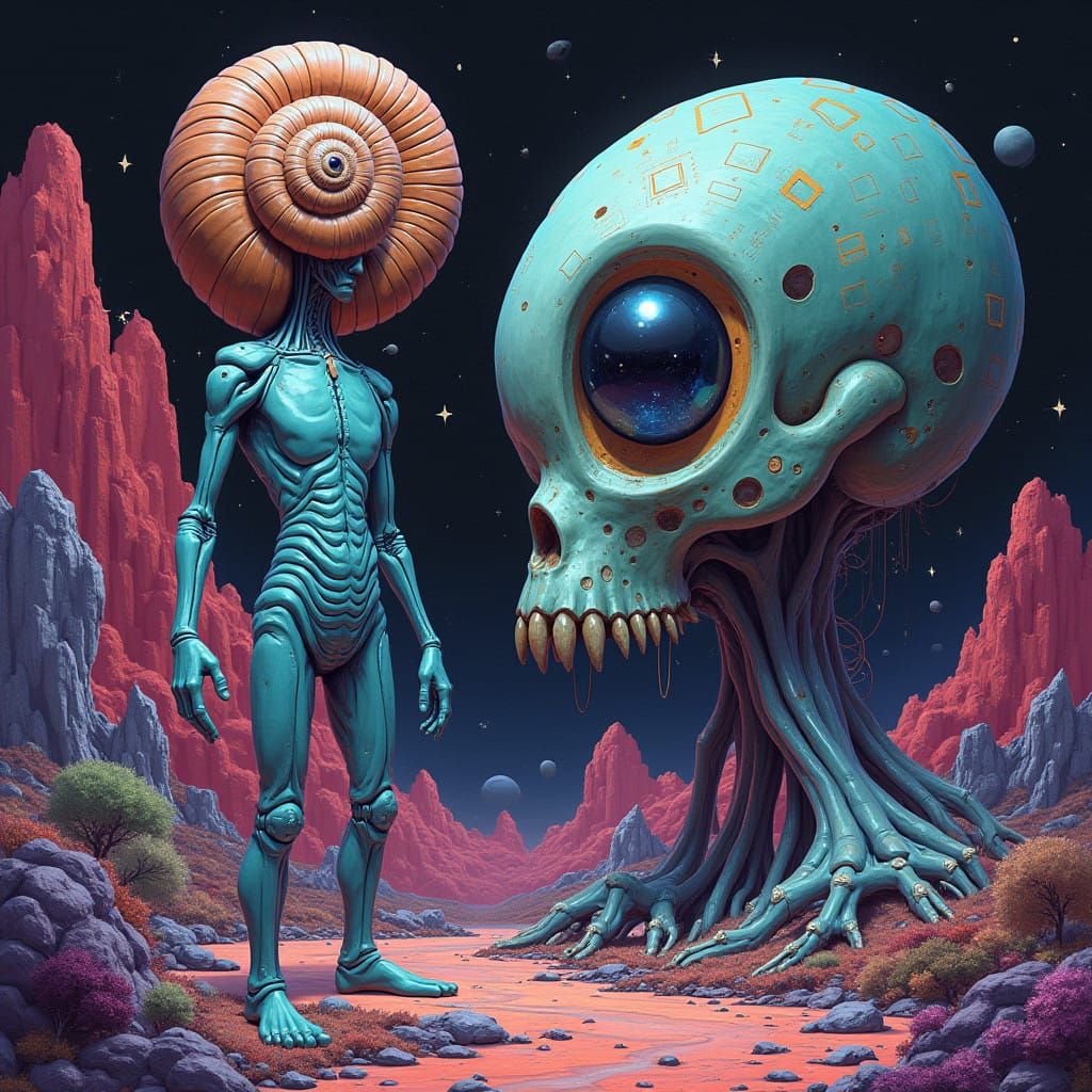 a spiral snail head humanoid, standing towering zombie creature ...