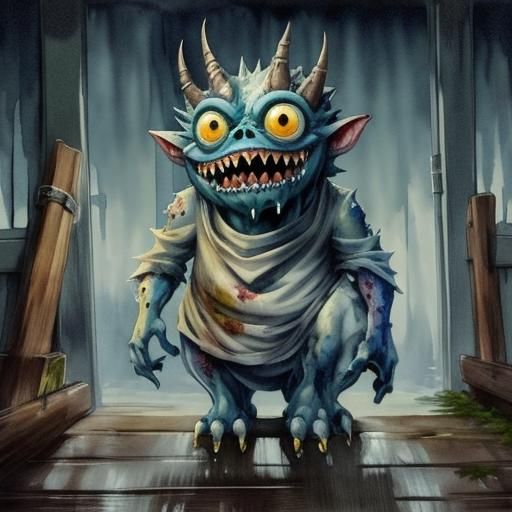 Low key wet dripping watercolor of a mischievous monster peaking around ...