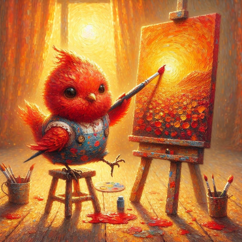 Red bird painting - Impressionist Artist Bird in Golden Hour...