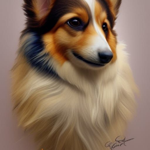 furry long-haired corgi, feminine, smug expression, soft color palette ...