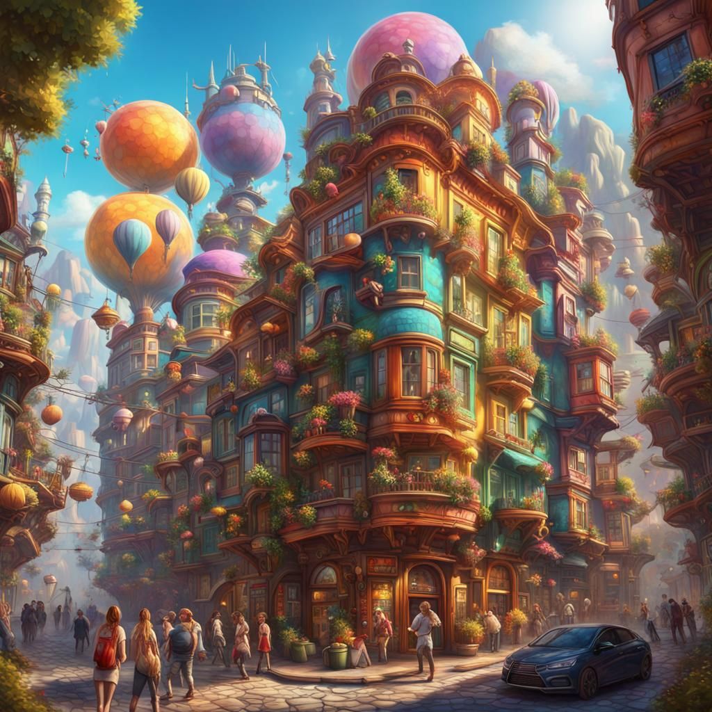 "utopia world cheerful people, colorful building, detailed oil painting ...