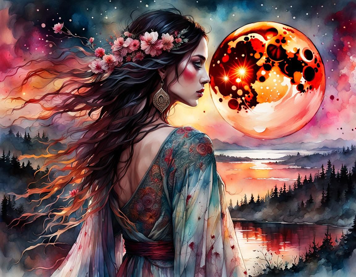 bloodmoon Digital watercolor Illustration of a summerscape sunset, by ...