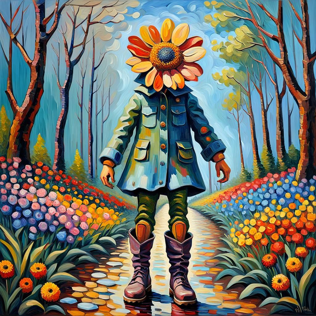 A happy Humanoid flower-face, in boots walking along Neo-impressionism ...