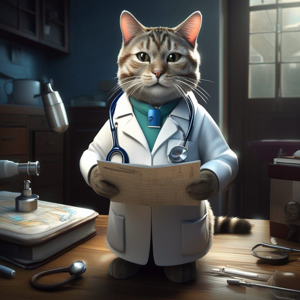 cat dressed as a doctor, wearing a stethoscope and holding a medical ...