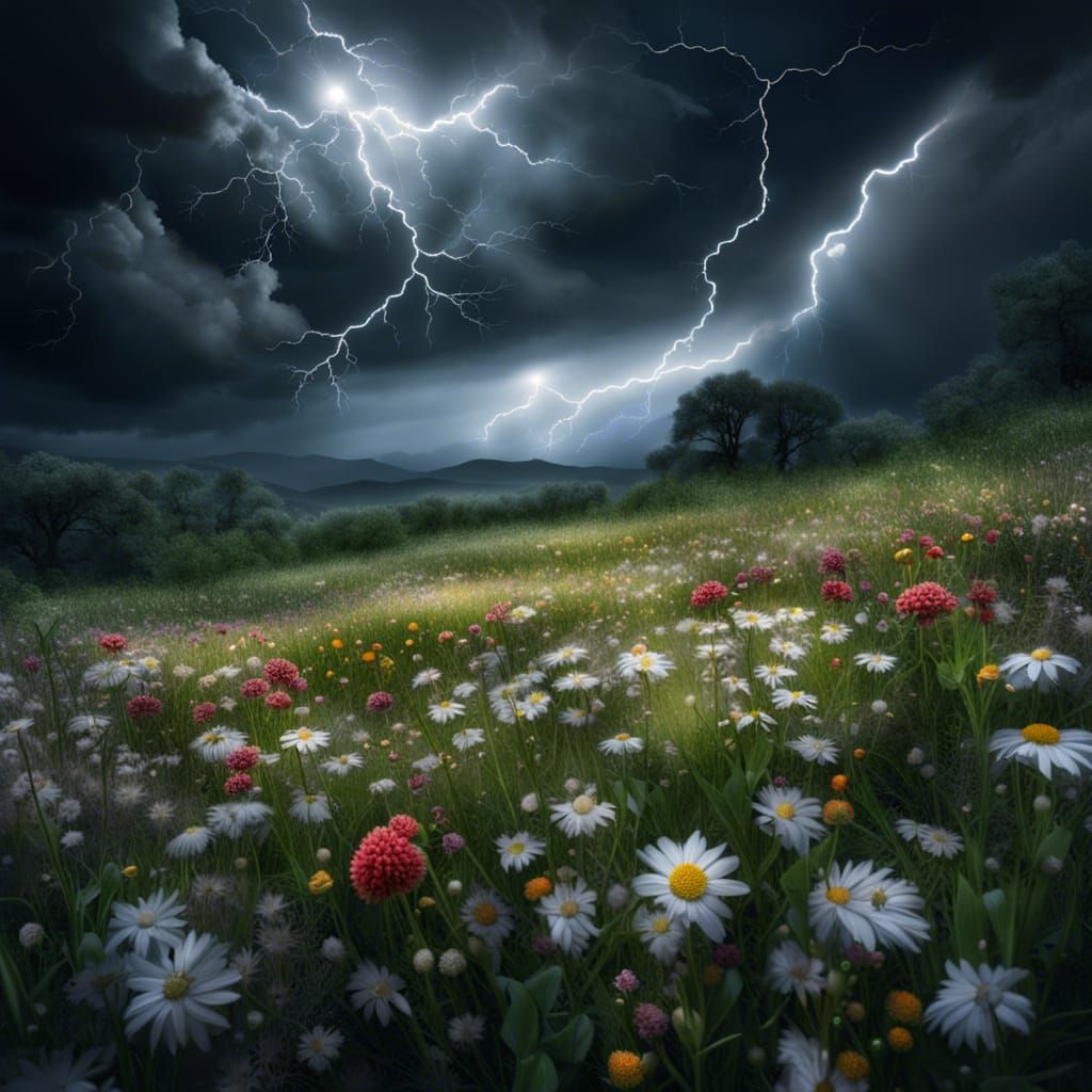 a beautiful meadow of flowers in a raging storm with lightening on a ...