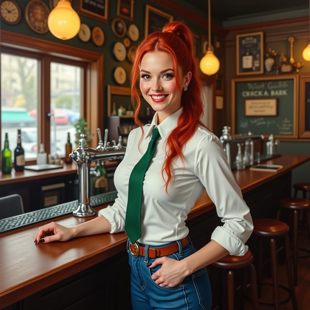 "Barmaid" - Beautiful Irish Pub Barmaid in Oil Painting