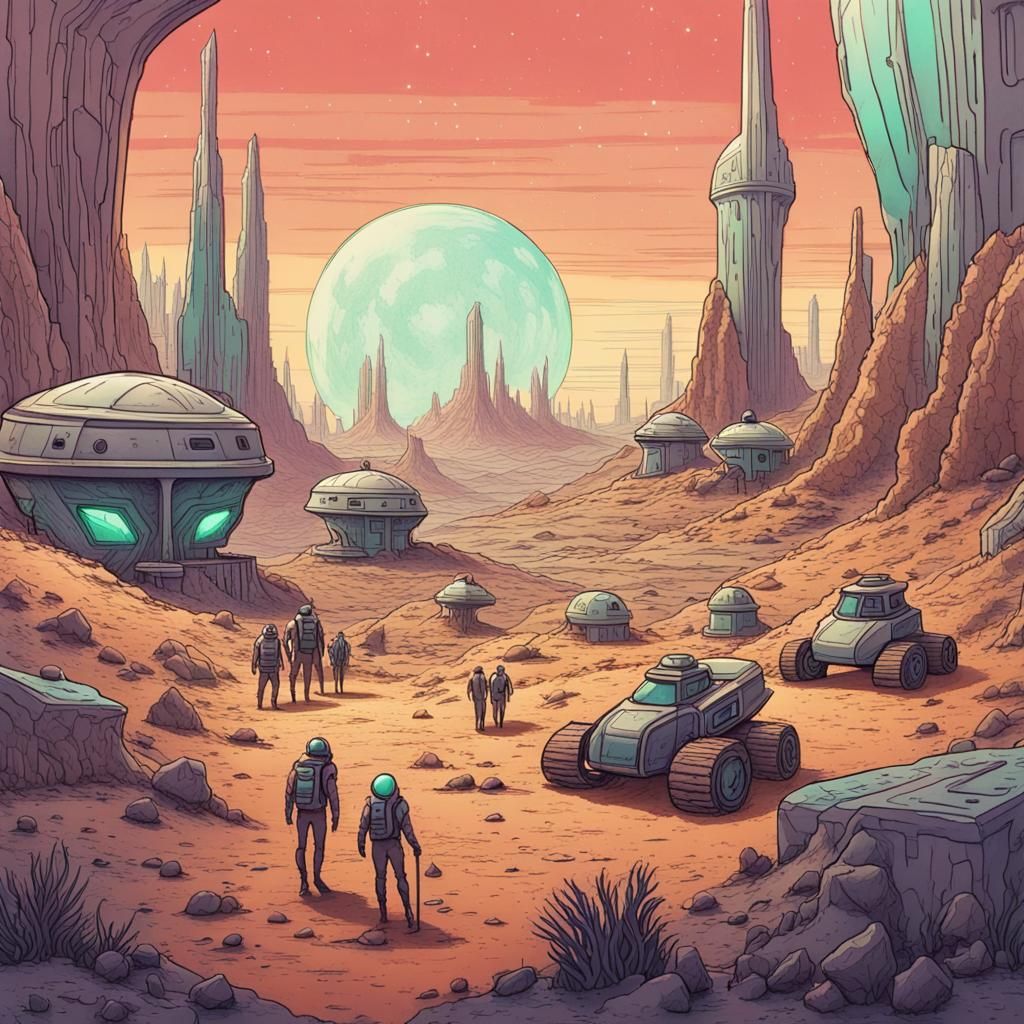 small mining farming colony in an alien savannah analogous colors ...