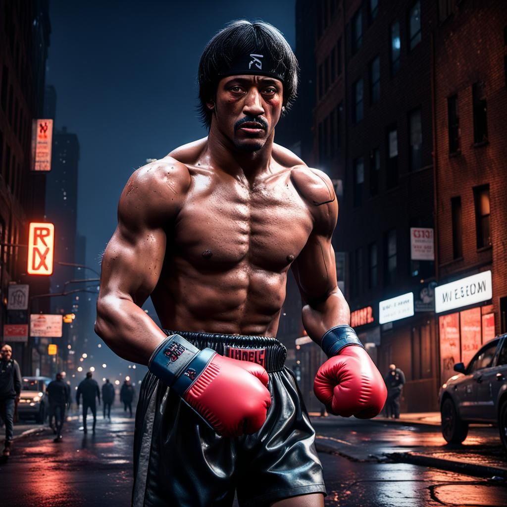 rocky balboa boxing homless in street new York city lit up under night ...