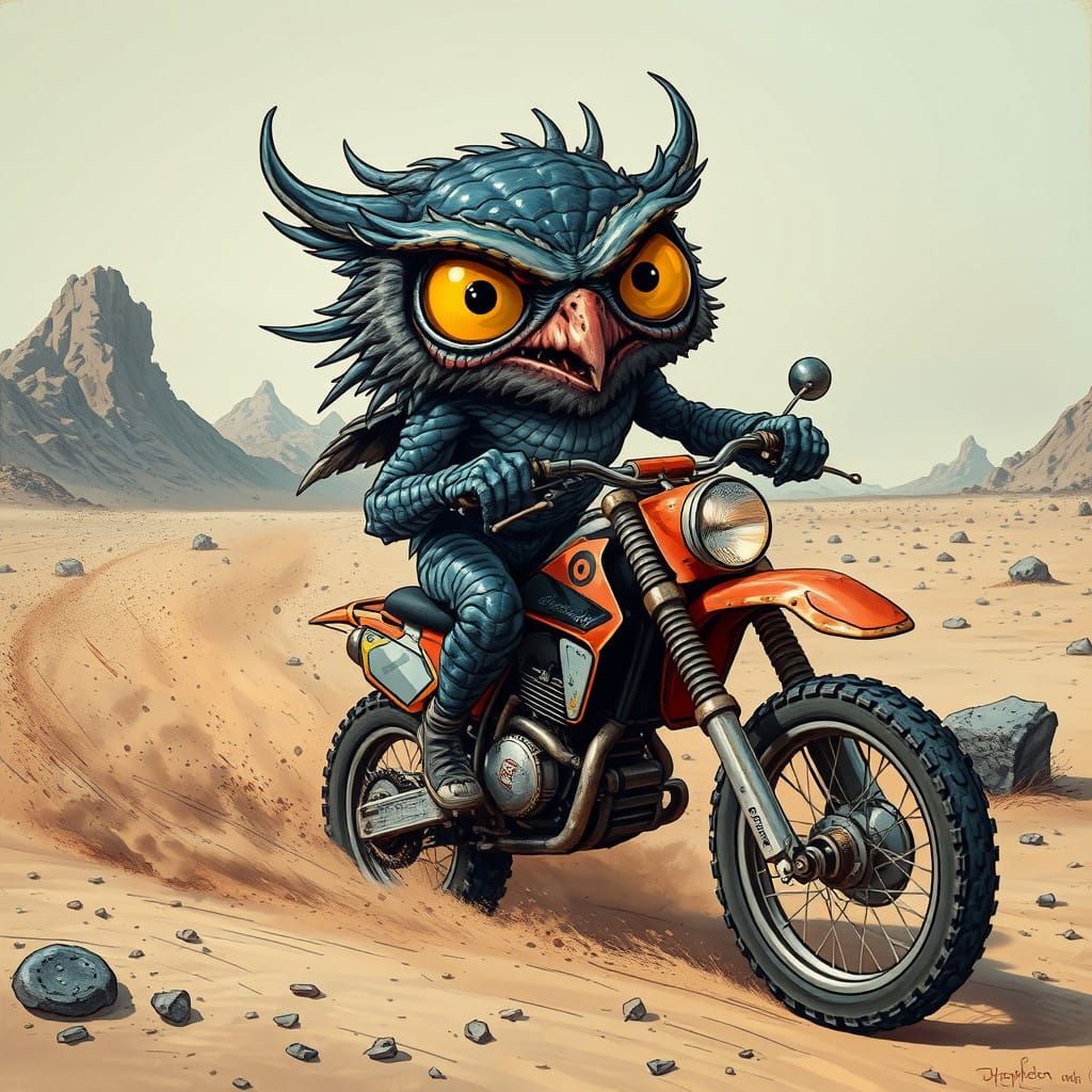 Alien Owl Riding a dirt bike! - Alien Owl in Comedic, Exagg...