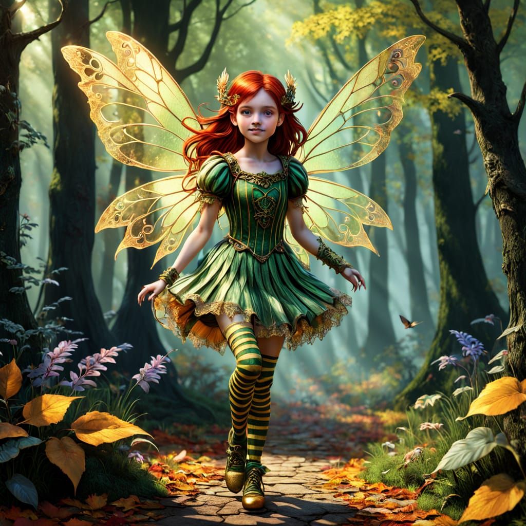 Une Fée du Printemps, rousse aux yeux verts, ailes scintillantes, robe ...