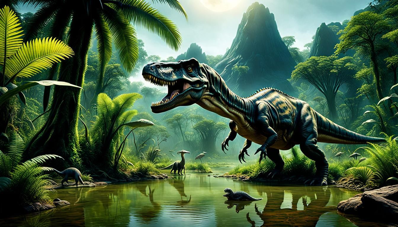 Jurassic swamp encounter - AI Generated Artwork - NightCafe Creator