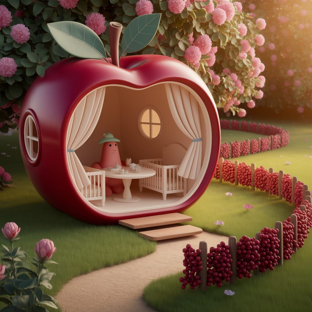 Worm house - Whimsical Apple-Shaped House with Charming Worm