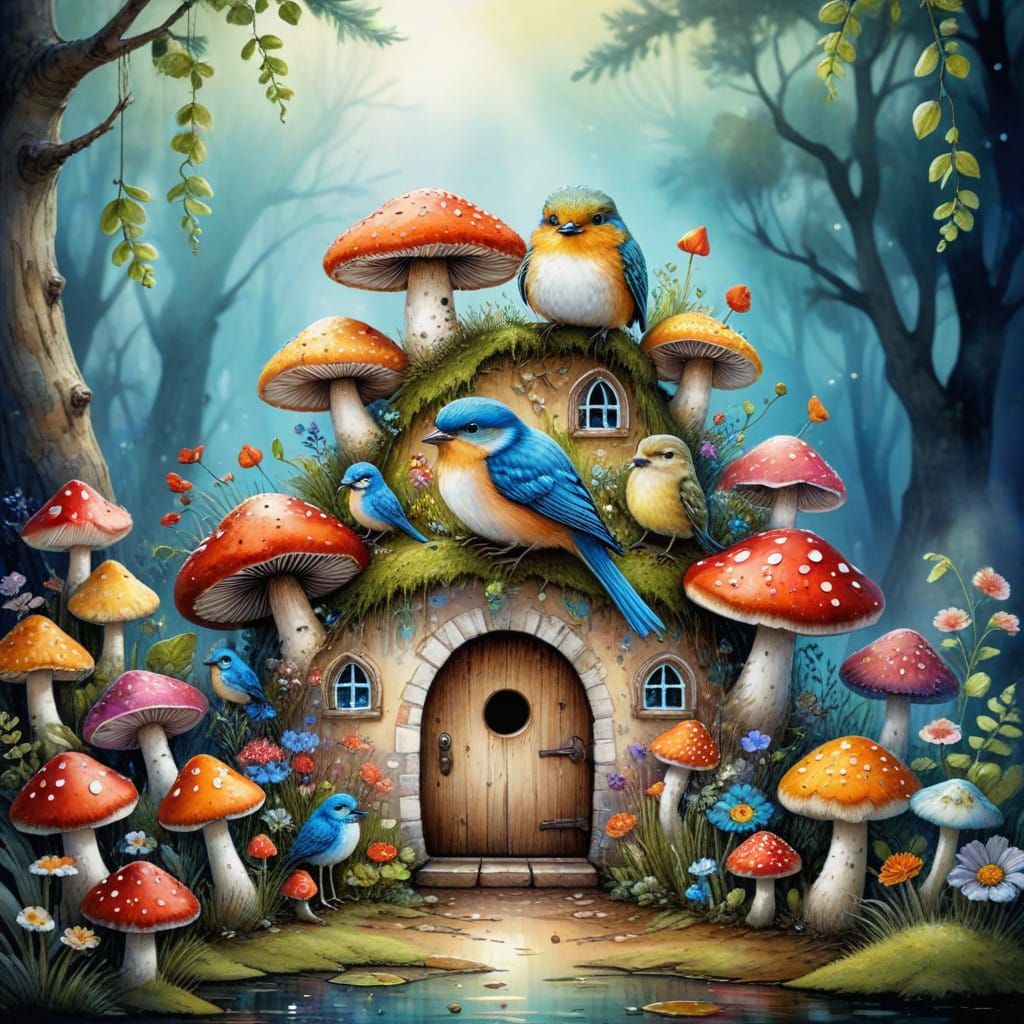 Hobbit Birds - Whimsical Watercolor Fantasy with Impasto Det...