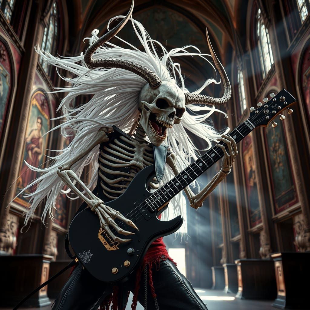 Dark fantasy portrait of a demonic skeleton guitarist, with long ...