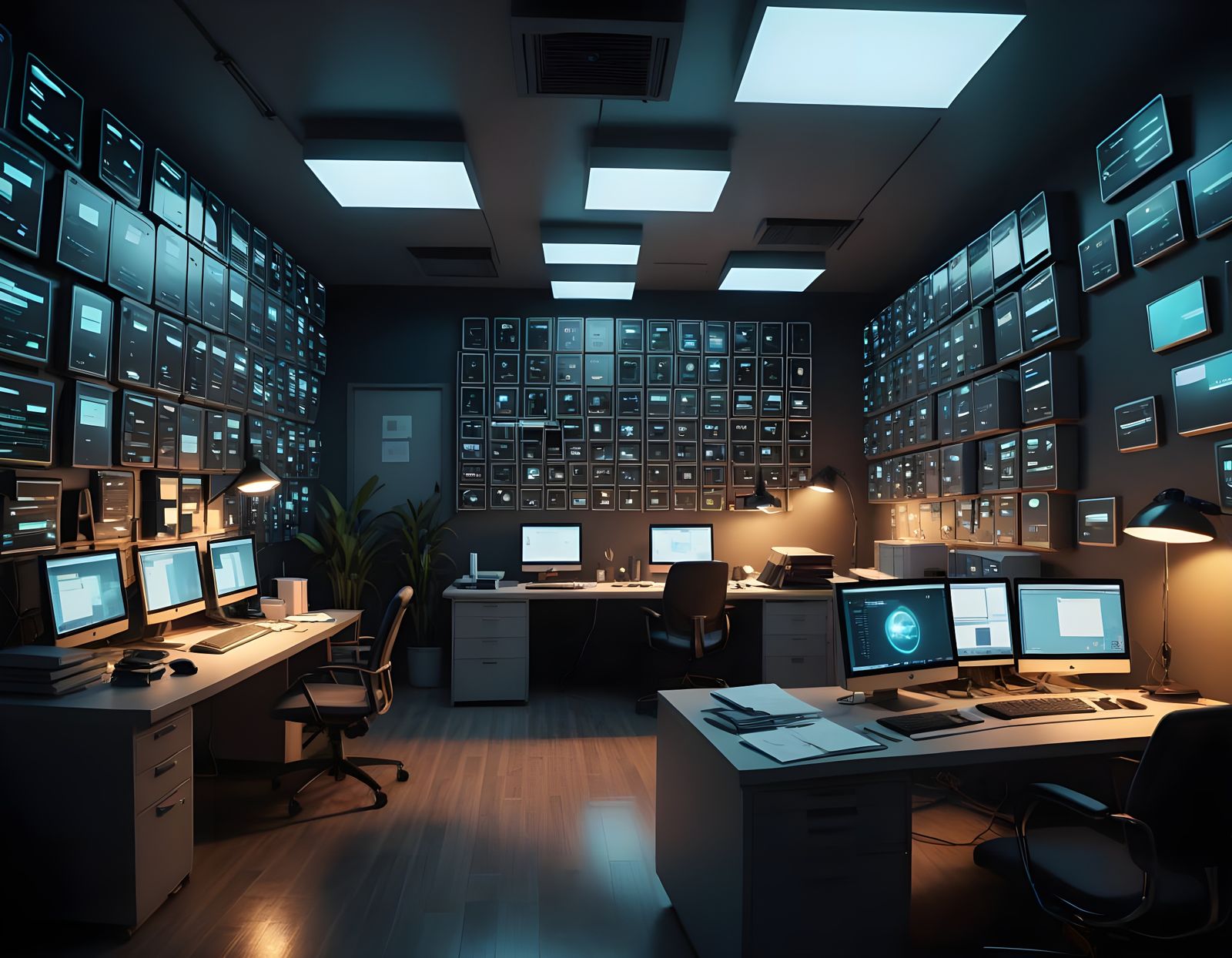 Surreal Office Scene with Floating Files and Glowi... - AI Art