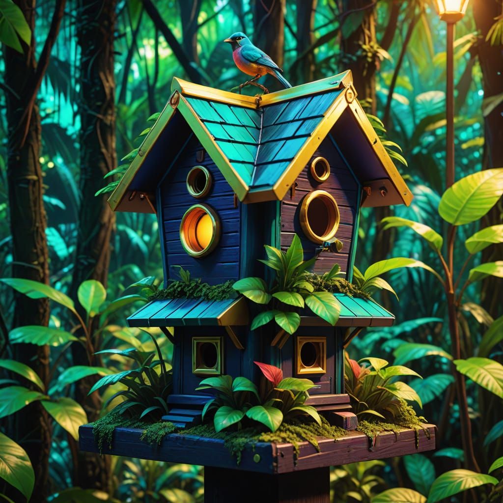 Neon Birdhouse in Rainforest: Synthwave Retro Art - AI Art