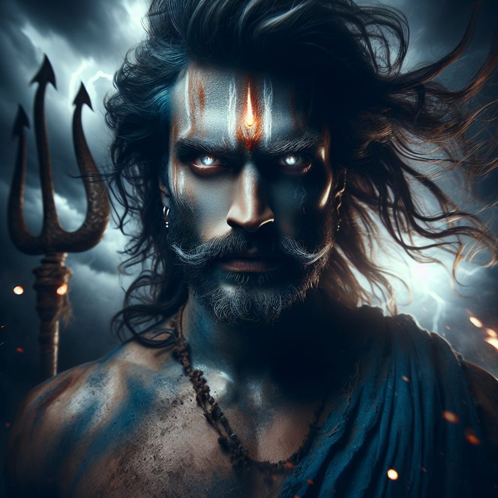 In a powerful and intense moment, Lord Shiva stands in a fierce, close ...
