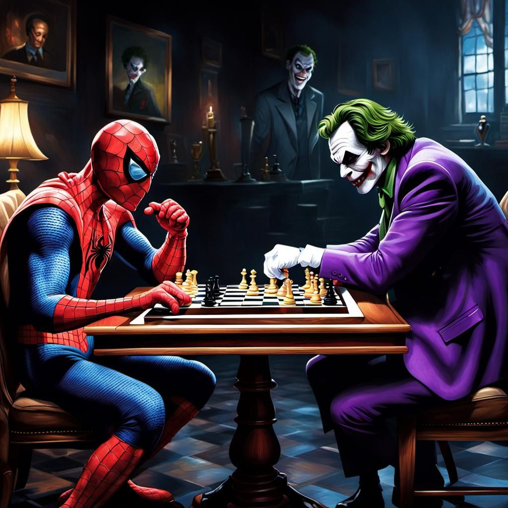 Hyper-realistic painting of Spiderman and Joker playing chess in a high ...