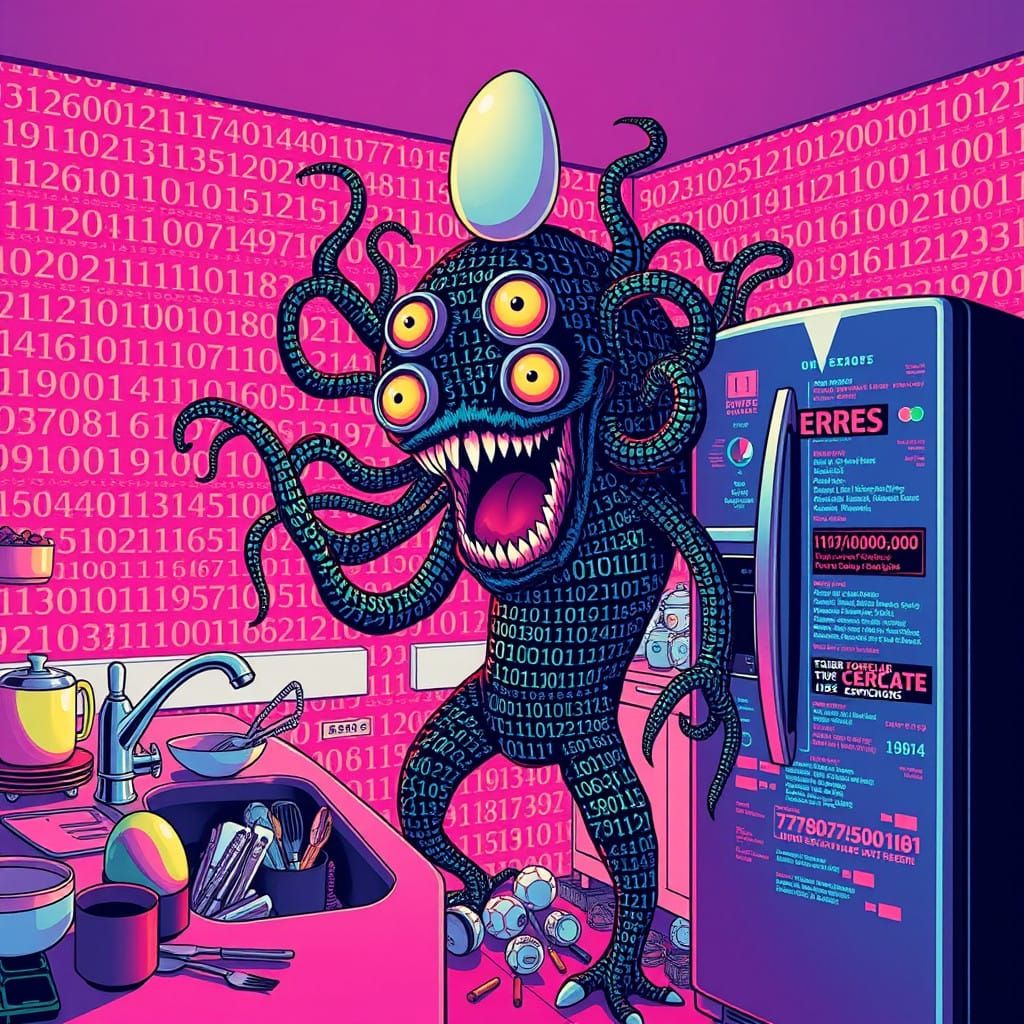 A monster made of binary code, standing in the kitchen and screaming ...
