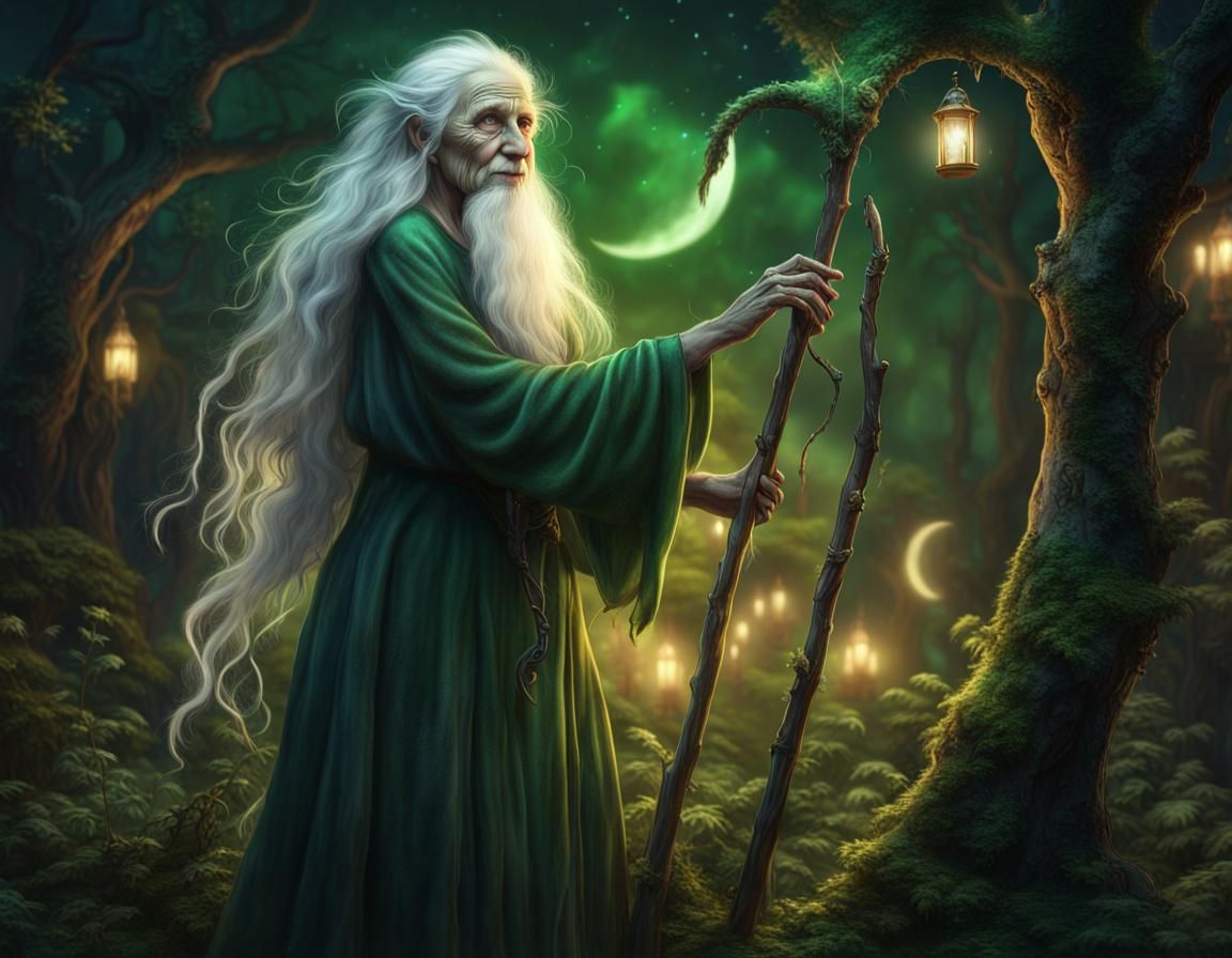 A beautiful old crone with her hand on a cane, Resplendent in green ...