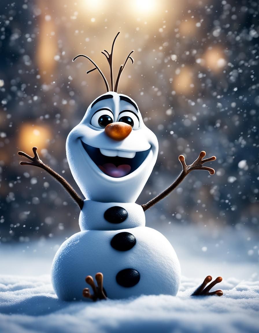 Happy Olaf look up in awe for the falling snow. Frog perspective view ...