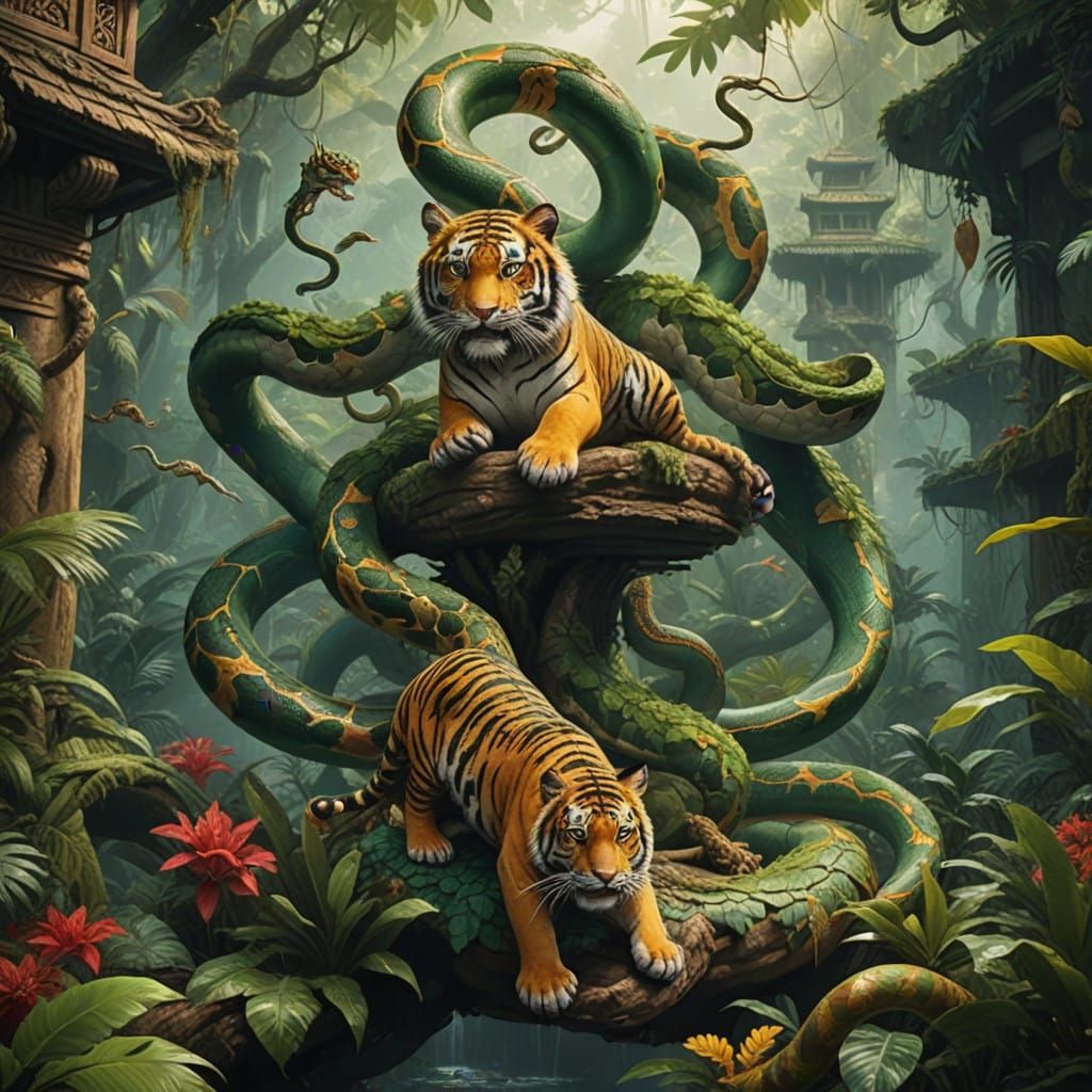 Exotic Tiger-Snake Hybrid in a Rainforest Landscap... - AI Art