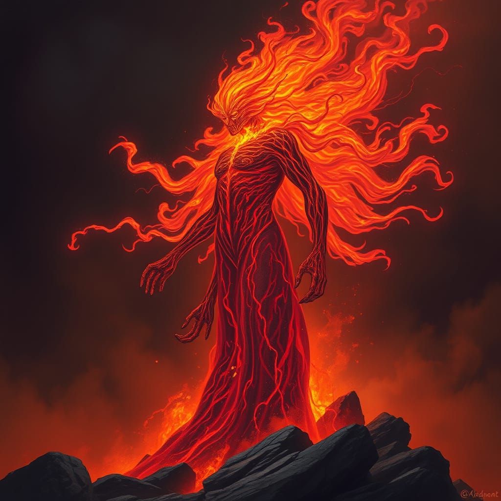 Fiery Ifrit Elemental Spirit in Dark, Smoldering L... - AI Art