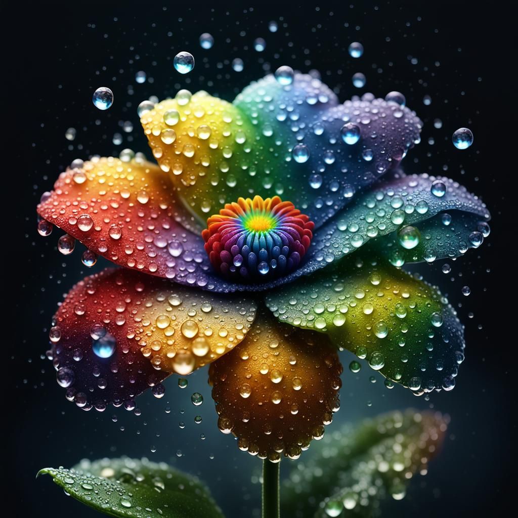 flower made out of dew drops and has dew drops dripping from the side to reveal a rainbow flower ...