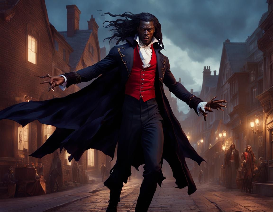 action shot of a gorgeous black male vampire, long flowing hair ...