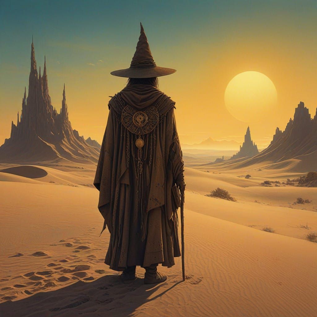 Skeletal Wizard Amidst Vibrant Fantasy Desert Land... - AI Art