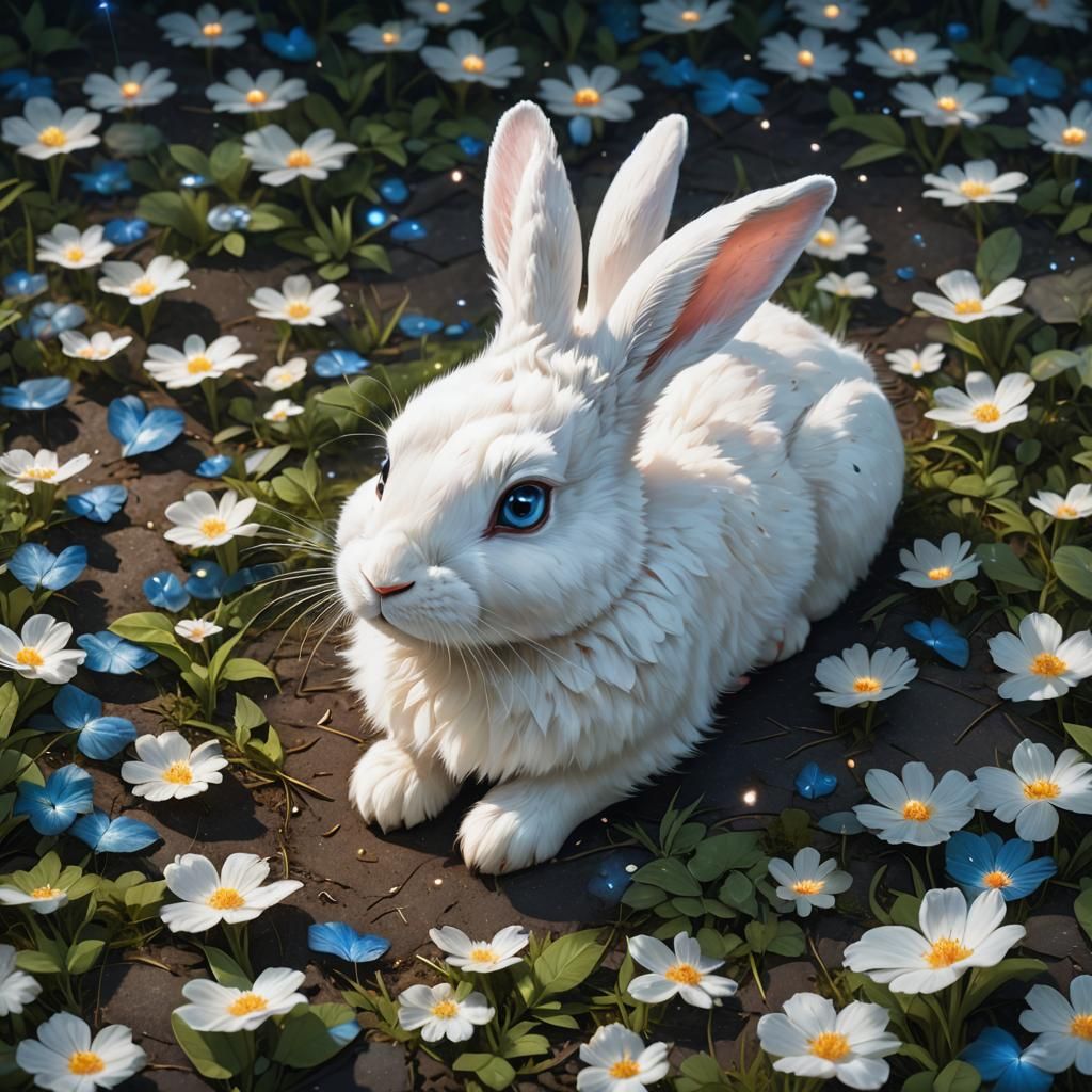 A hyper-realistic digital artwork of an adorable cute white rabbit ...