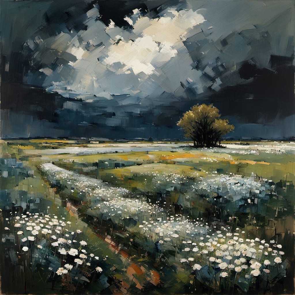 Surreal Storm Landscape with White Flowers and Dar... - AI Art