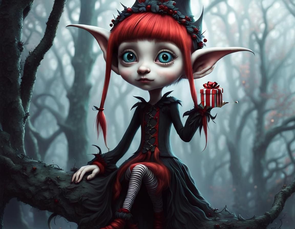 an adorable gothic "elf holding a gift". high contrast, richly detailed ...