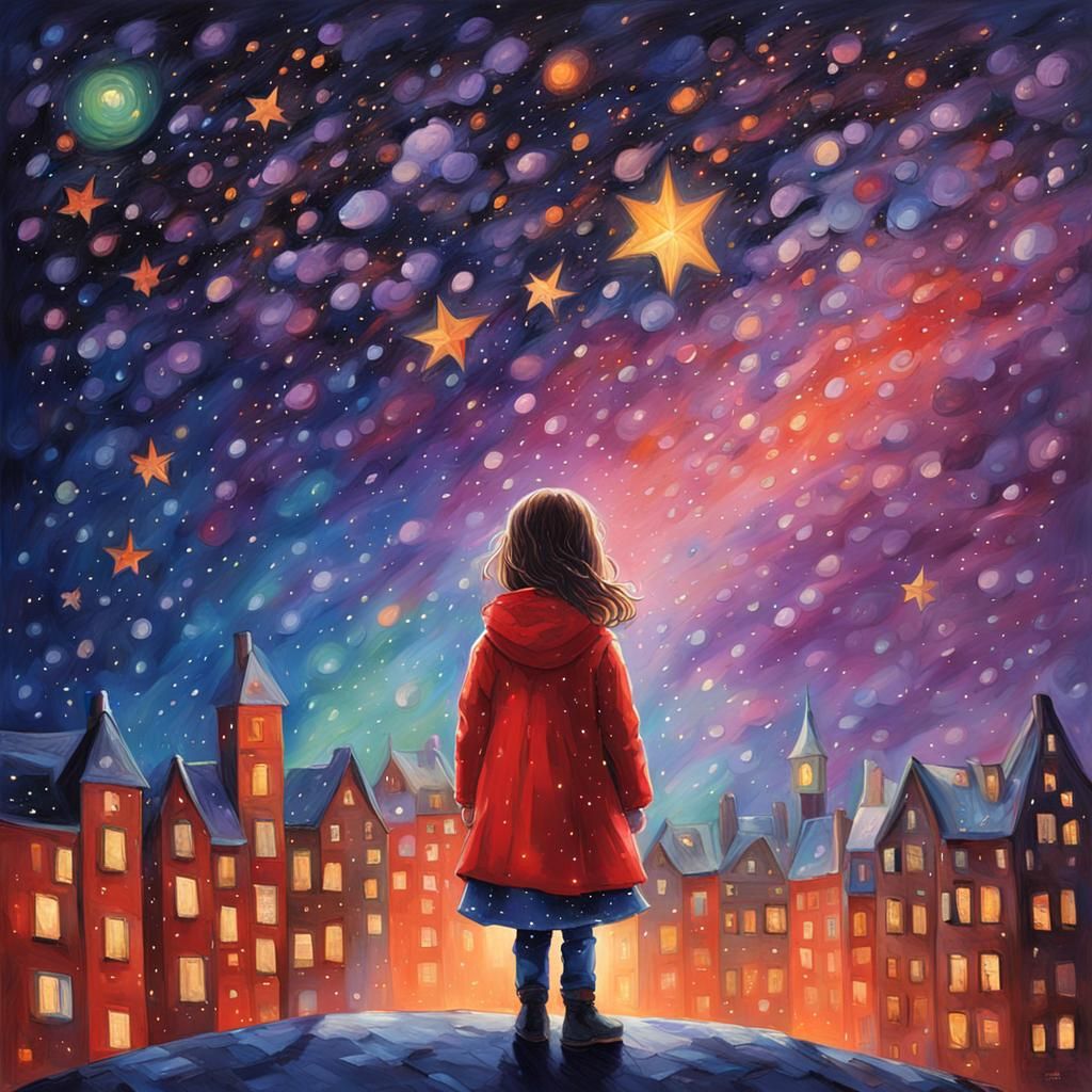Starry Nightfall's Dream: A small girl in a red coat stands mesmerized ...