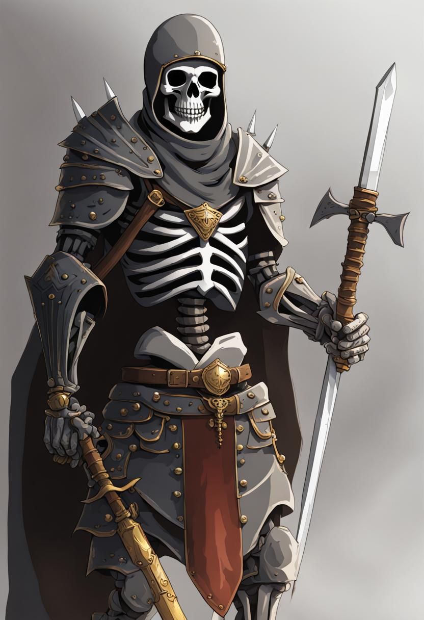skeleton, wearing dark grey armour that covers his entire body, holding ...