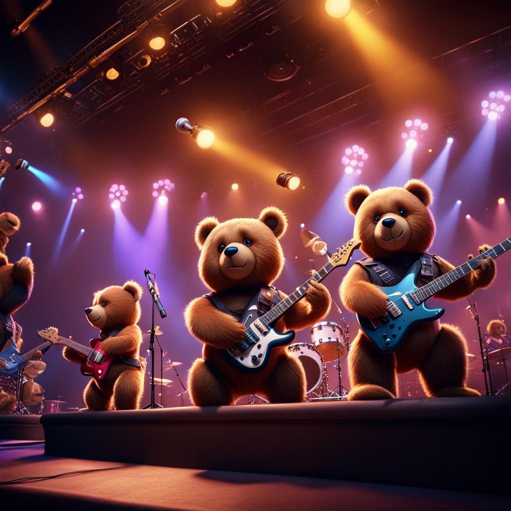 Teddy bear rock band on stage playing to a large audience - AI ...