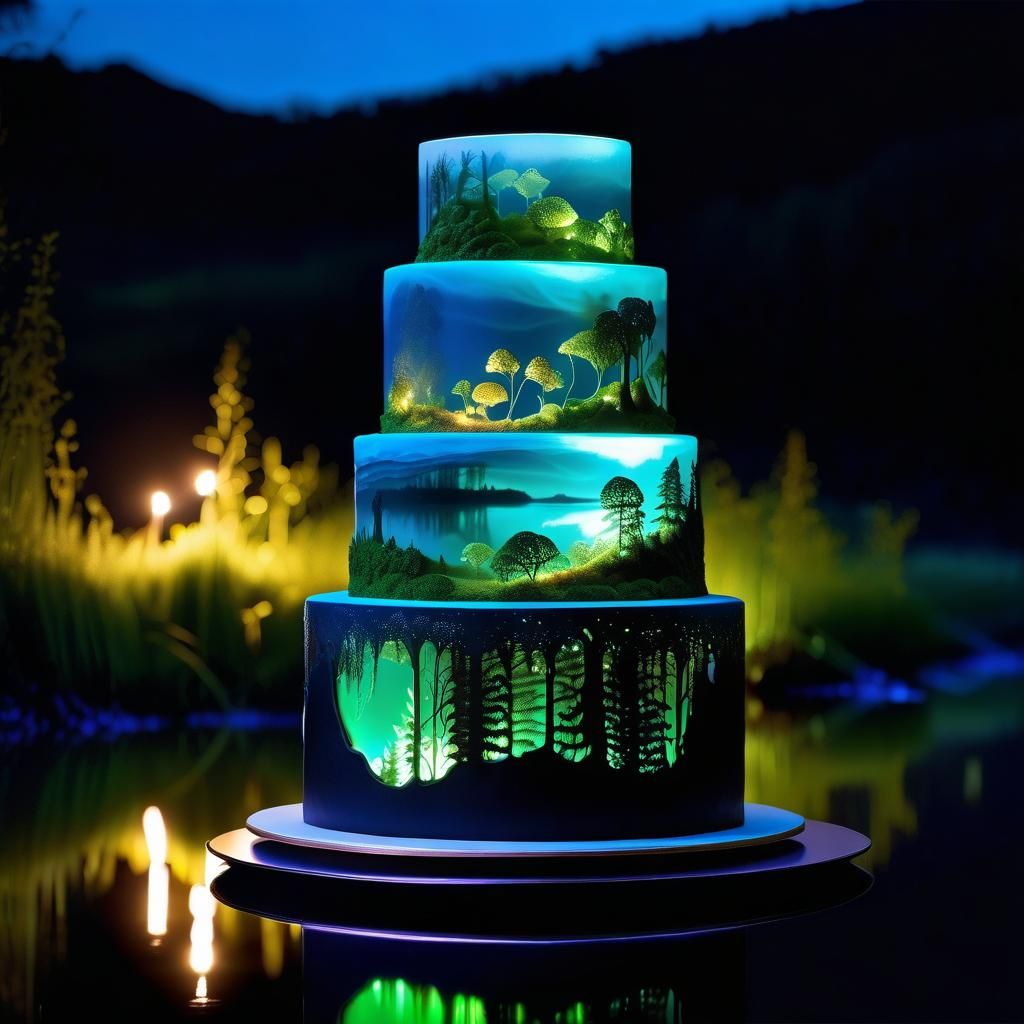 breathtaking photo of an expensive cake + bioluminescence + alien-river ...