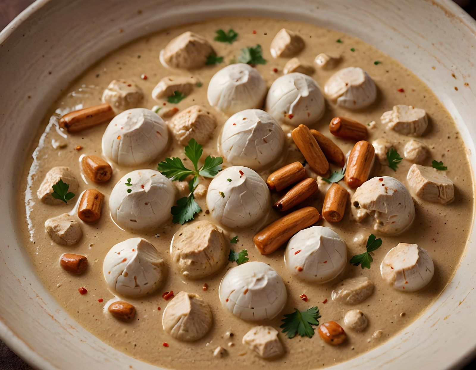 White korma, food photography, rich and creamy texture, highlighted by ...