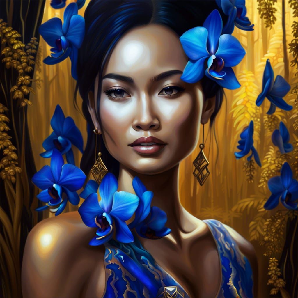 Burmese beauty lady within blue orchids - AI Generated Artwork - NightCafe Creator