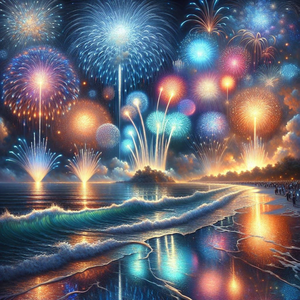 Epic fireworks, grand finale, display over a reflective ocean. - AI ...