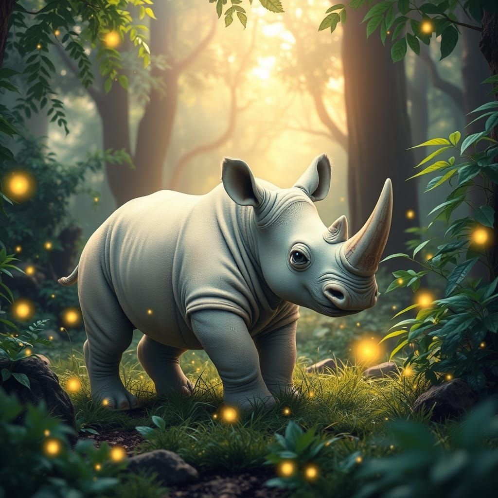 Whimsical White Rhino in Enchanted Forest - AI Art