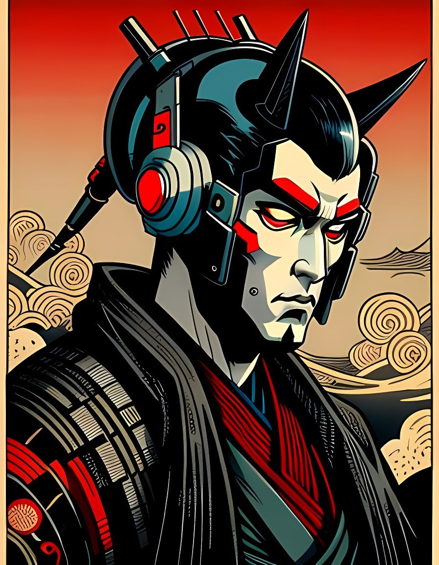 Ukiyo-e block print of a cyborg - Ukiyo-e block print of a c...