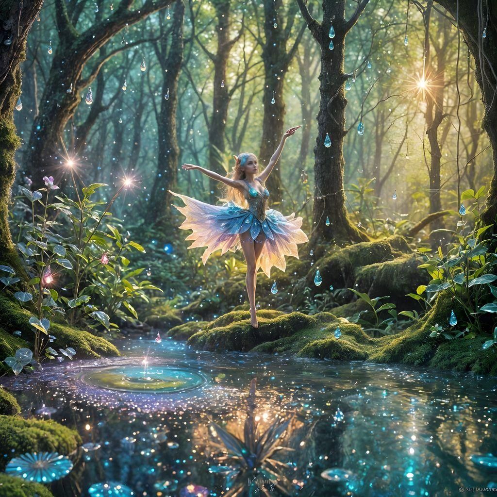 The elf made of water attracts water droplets around it. 8k resolution ...