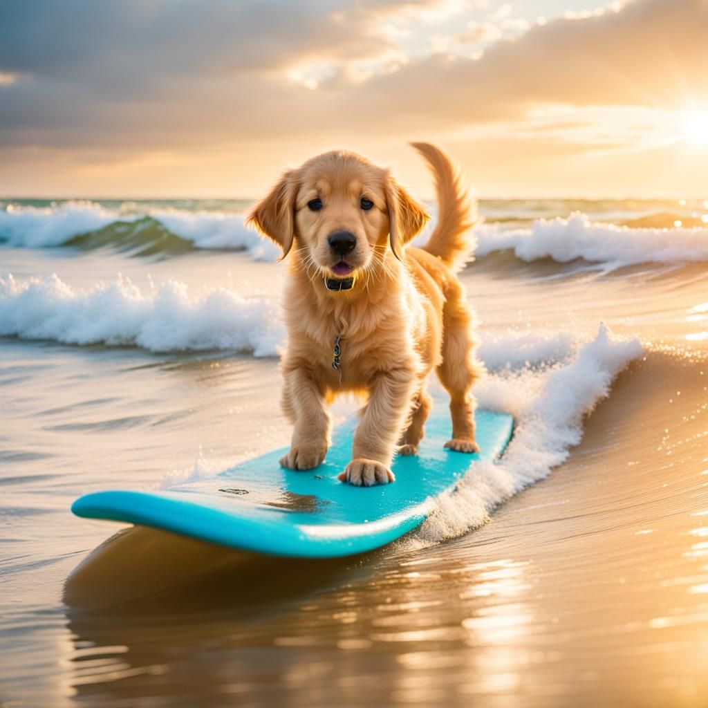 golden retriever puppy surfing the waves - AI Generated Artwork - NightCafe Creator